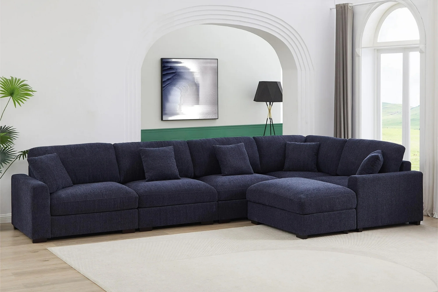 MORIO Fabric Sectional Modular Sofa with Ottoman (Dark Blue)