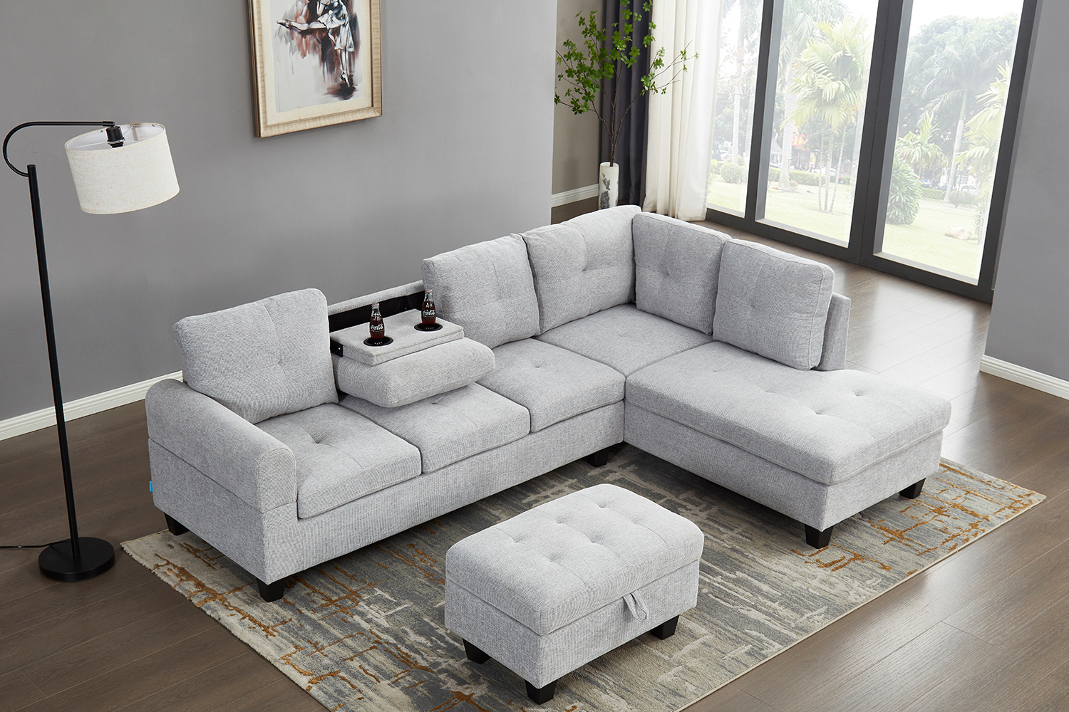 DEVON Fabric Sectional Sofa with Storage Ottoman (Grey) - Chaise Facing ...