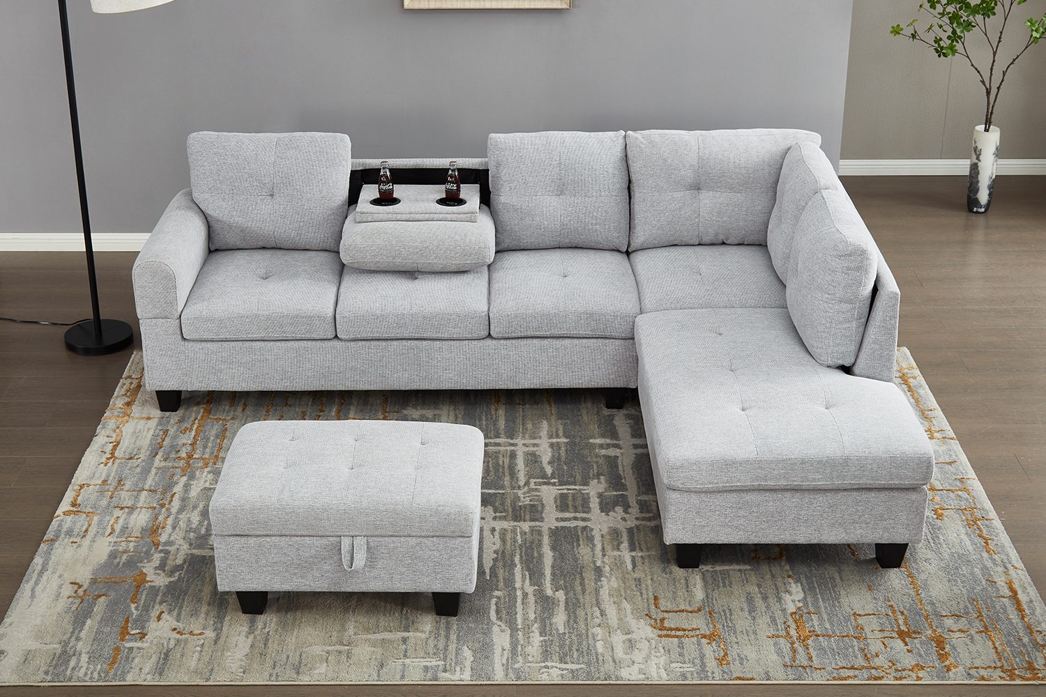 DEVON Fabric Sectional Sofa with Storage Ottoman (Grey) - Chaise Facing ...