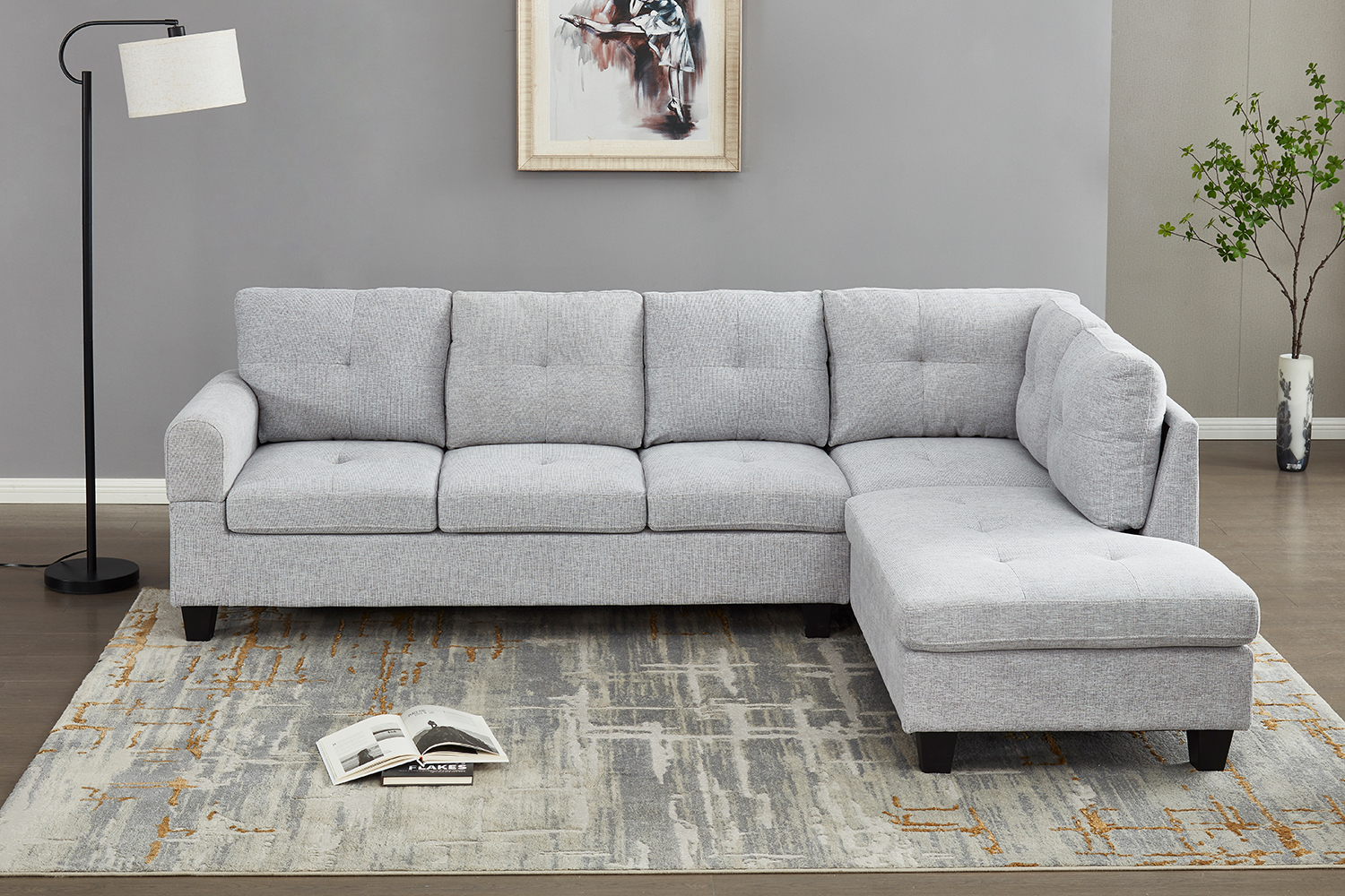 DEVON Fabric Sectional Sofa with Storage Ottoman (Grey) - Chaise Facing ...